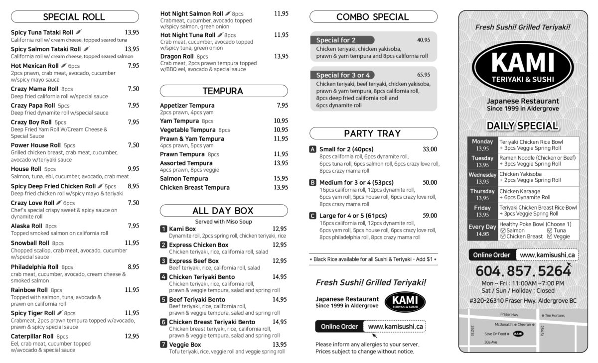 Menu – Kami Teriyaki & Sushi